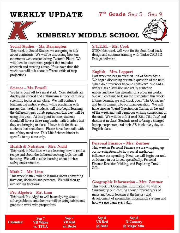 Sep 5 Weekly Update | Kimberly School District