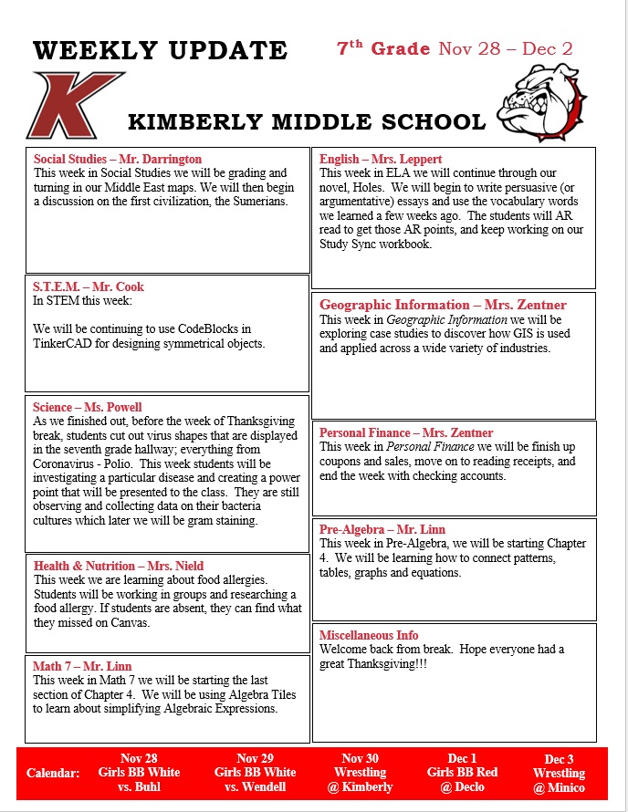 Nov 28 Weekly Update | Kimberly School District