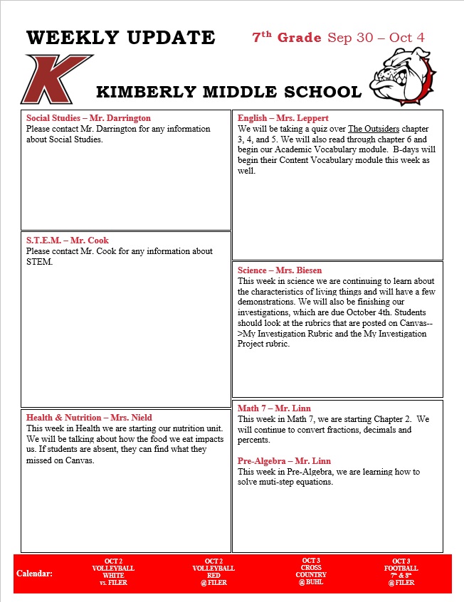 Sep 30 - Oct 4 Weekly Update | Kimberly School District