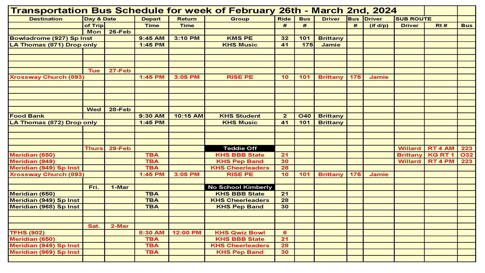 Transportation Next Week | Kimberly School District