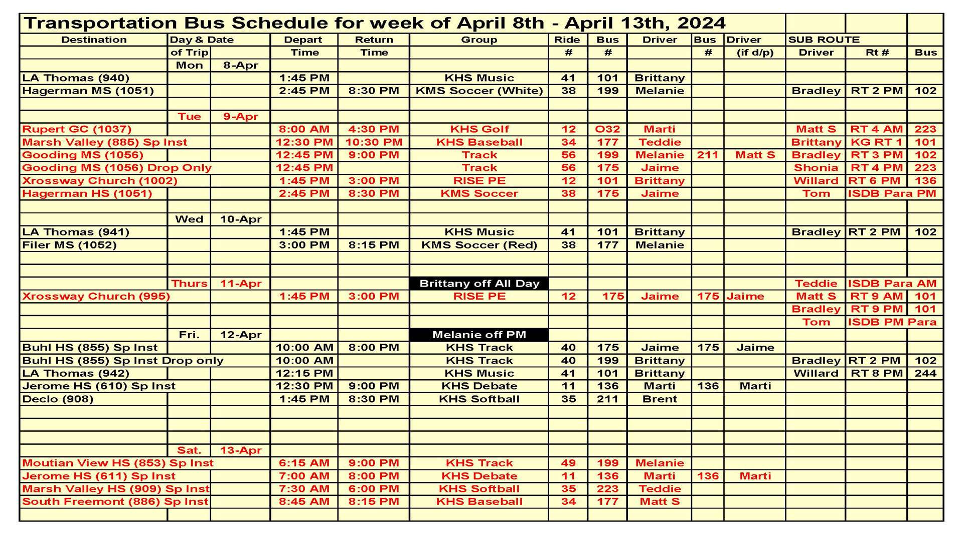 Transportation Next Week | Kimberly School District