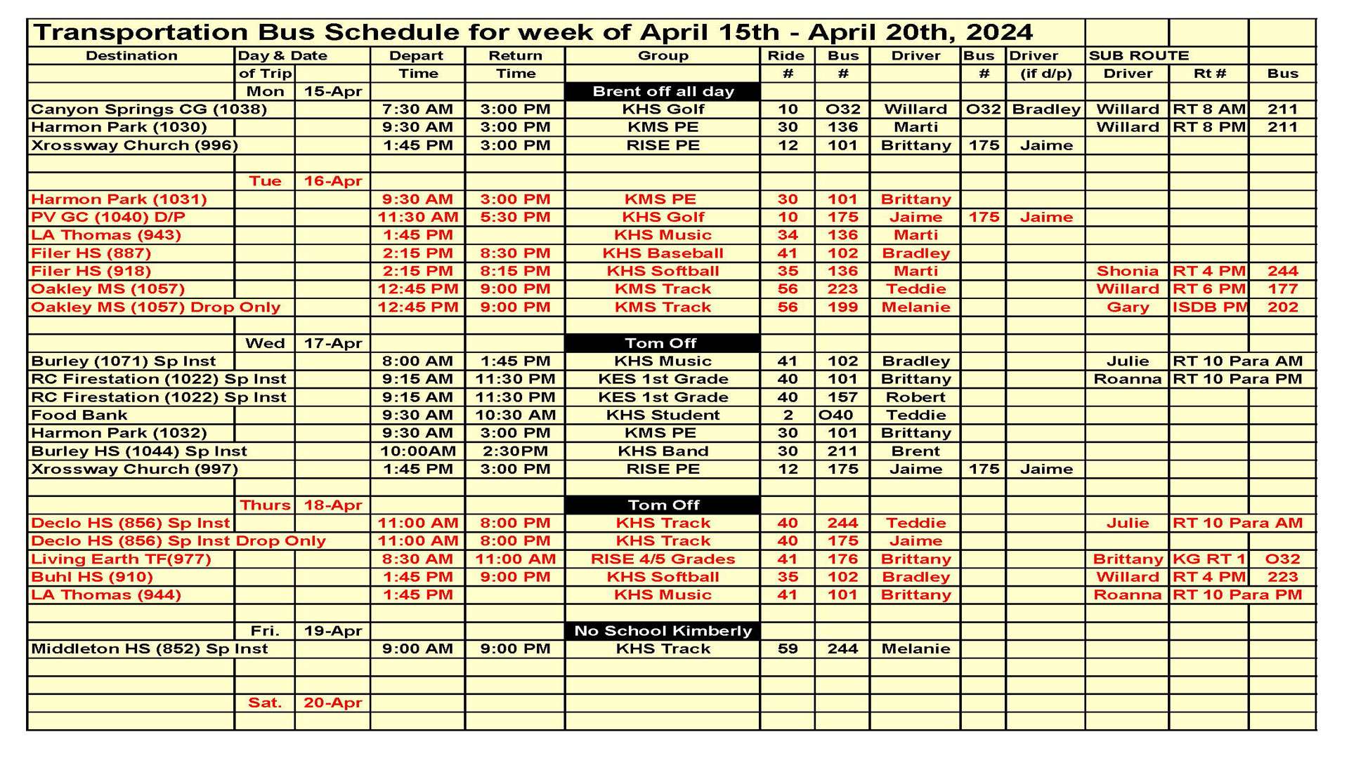 Transportation Next Week | Kimberly School District
