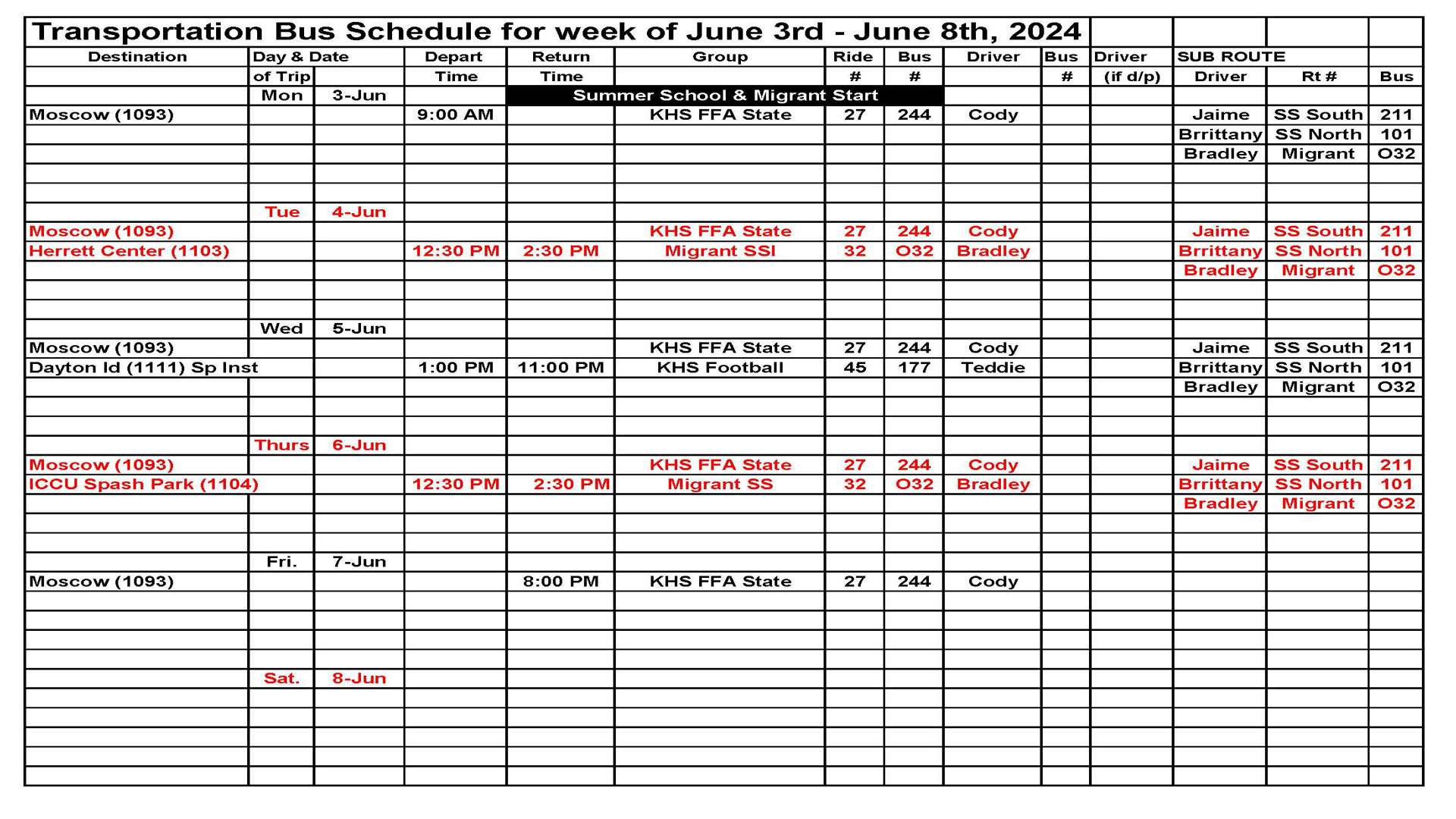 Transportation This Week | Kimberly School District