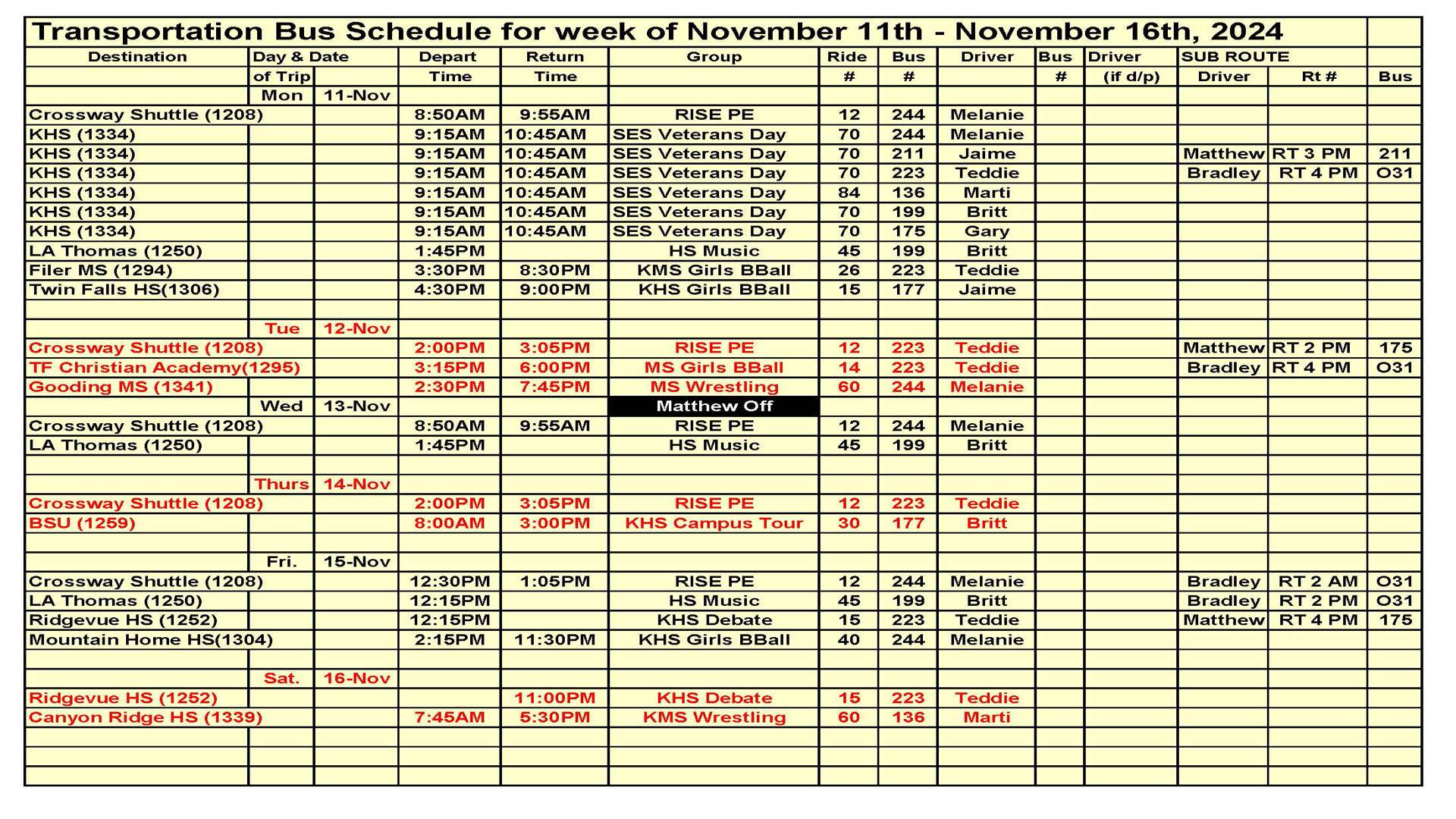 Transportation Next Week | Kimberly School District