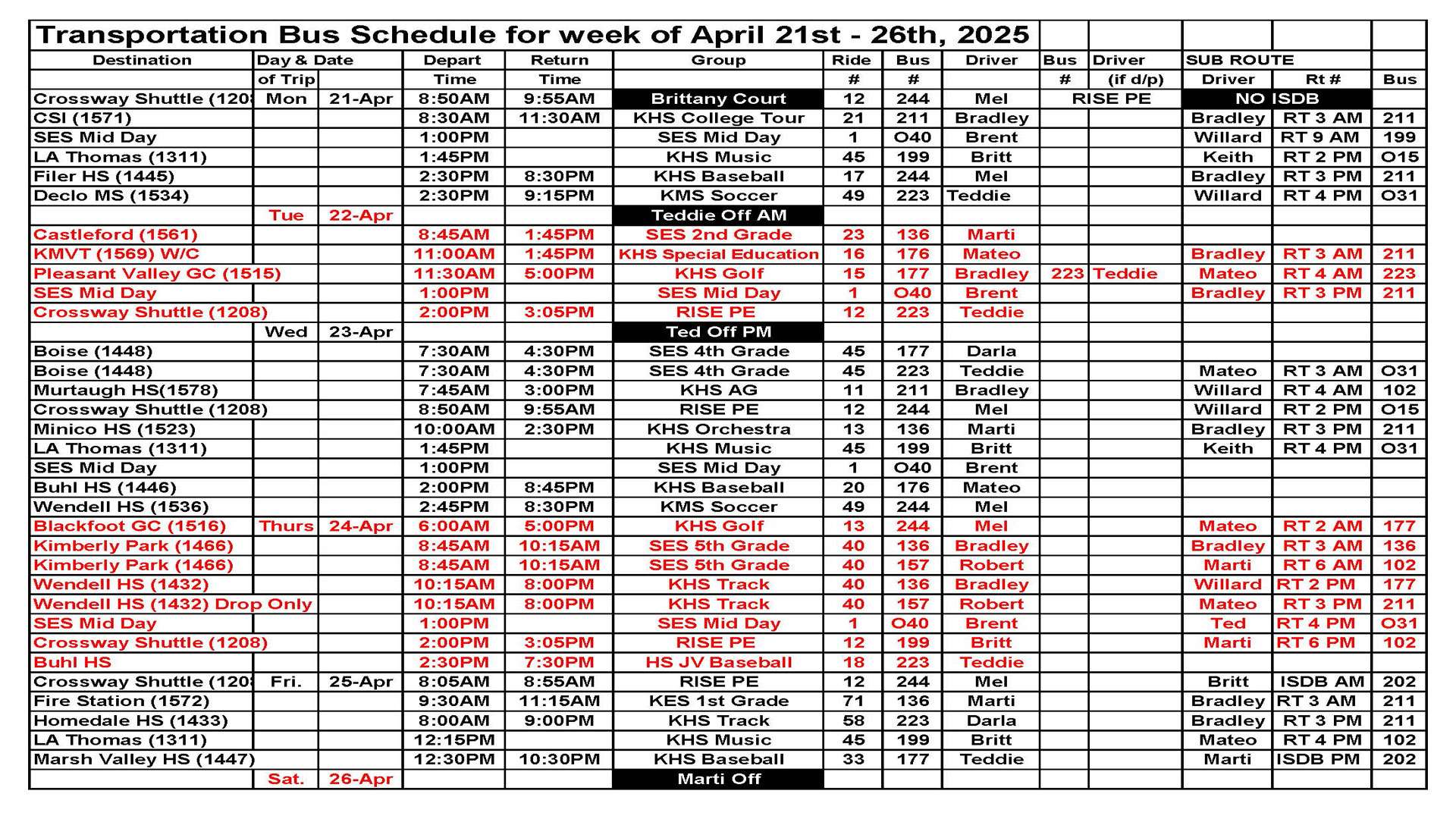 Transportation Next Week | Kimberly School District